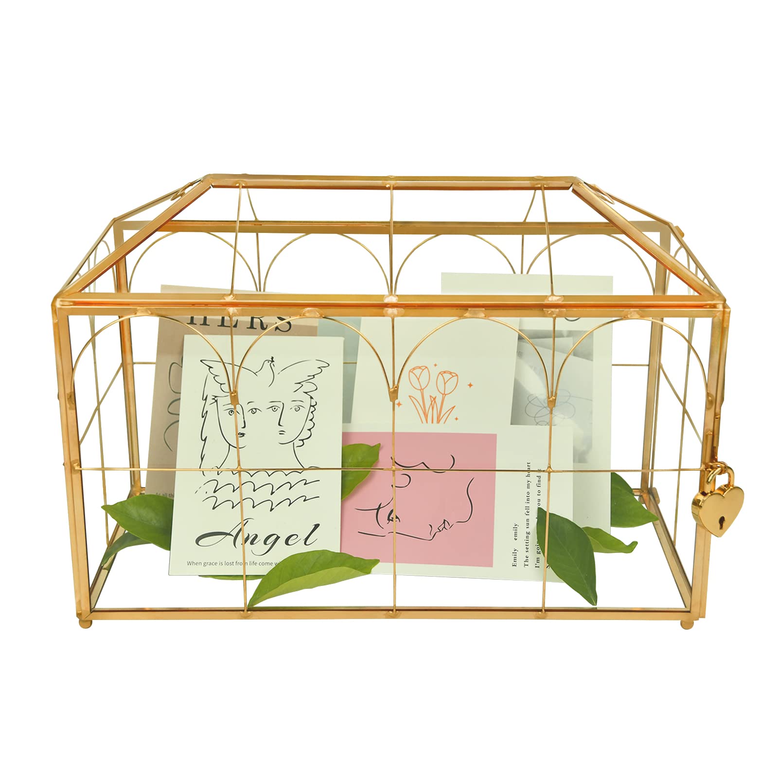 12.6x5.9x9.0inch Wedding Gold Glass Card Box with Lock and Slot - Wedding Envelope Card Holder for Reception Handmade Gold Decorative Box, Party Centerpiece Gift Card Box Handmade Wedding Card Box