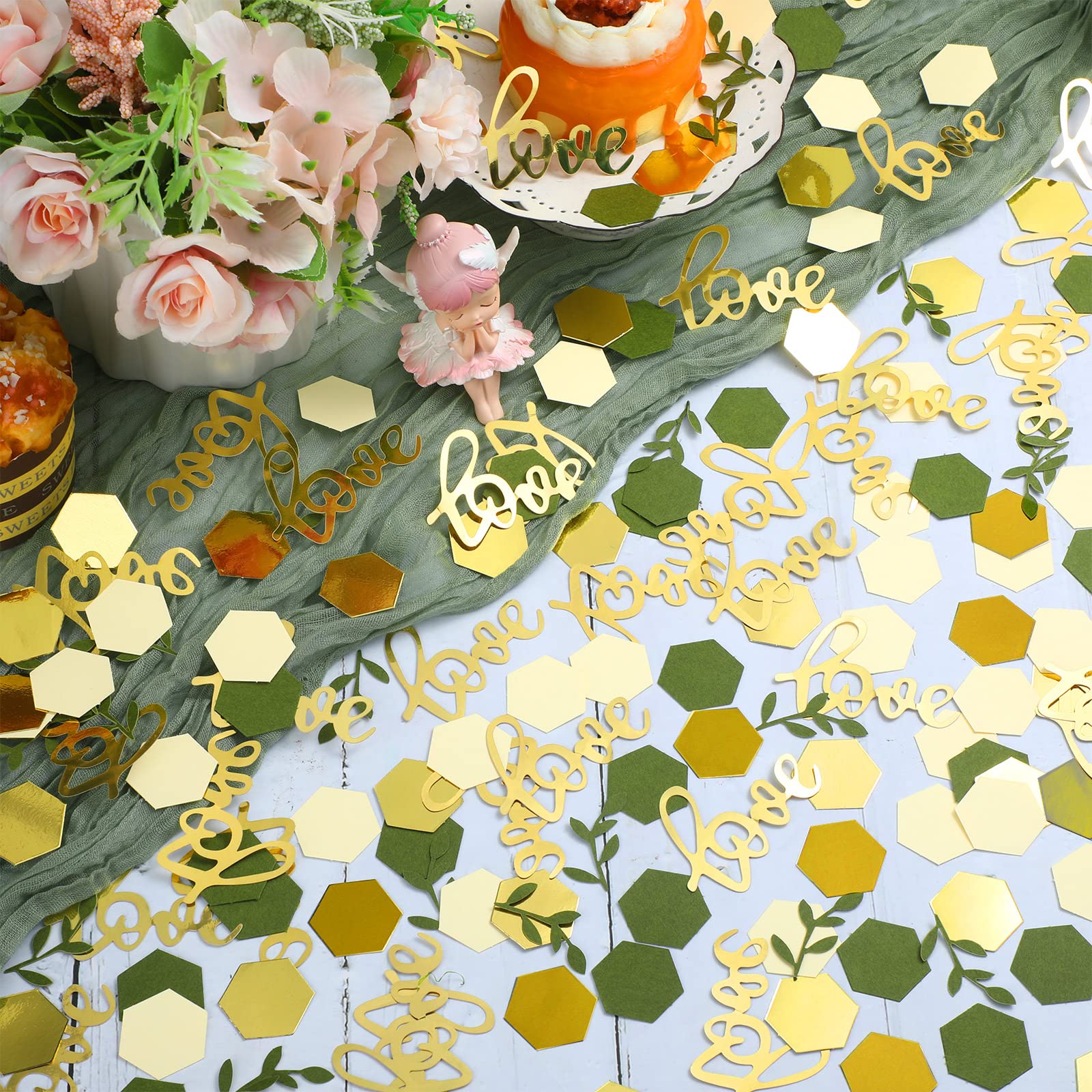 400 Pcs Greenery Wedding Table Confetti Decorations, Sage Olive Green Confetti Table Scatter Dots with Eucalyptus and Gold Love Confetti for Bridal Shower Wedding Decor(Wedding Style)