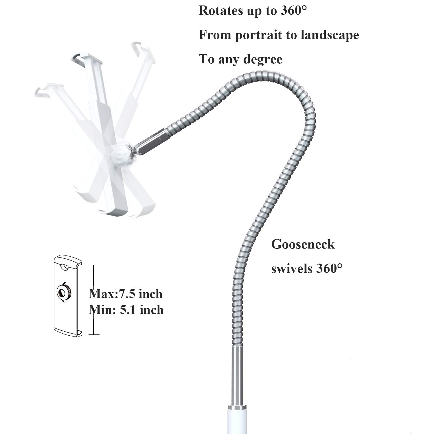 Creatop Tablet Floor Stand with Flexible Gooseneck and Stable Aluminum Base Suitable for 3.5” - 10.6” Smart Phone & Tablet White
