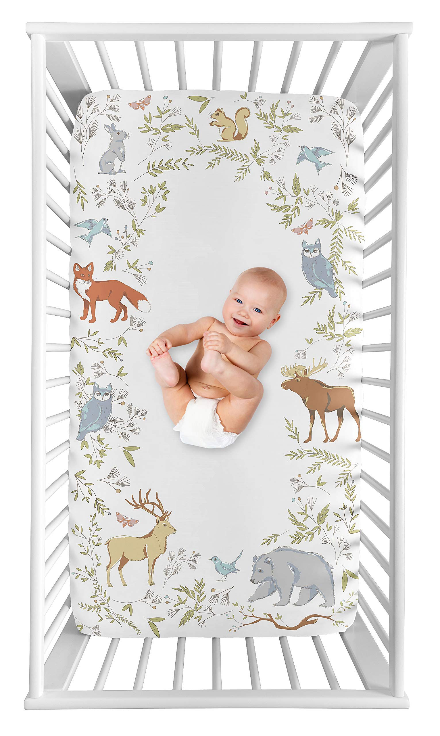 Sweet Jojo Designs Woodland Animal Toile Boy or Girl Fitted Crib Sheet Baby or Toddler Bed Nursery Photo Op - Grey, Green, and Brown Bear Deer Fox