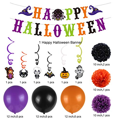 Halloween Party Decorations Kit, Happy Banner, Latex Balloons are Printed with Patterns, Hanging Swirls, Paper Garlands Home Party Halloween Decoration Supplies(48 Pack )