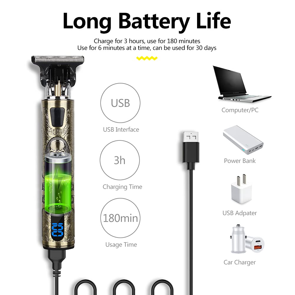 Professional Hair Trimmer for Men Cordless Hair Clippers LCD display Zero Gapped T Blade Rechargeable Multifunctional for Barber Family LCD-Skull-bronze