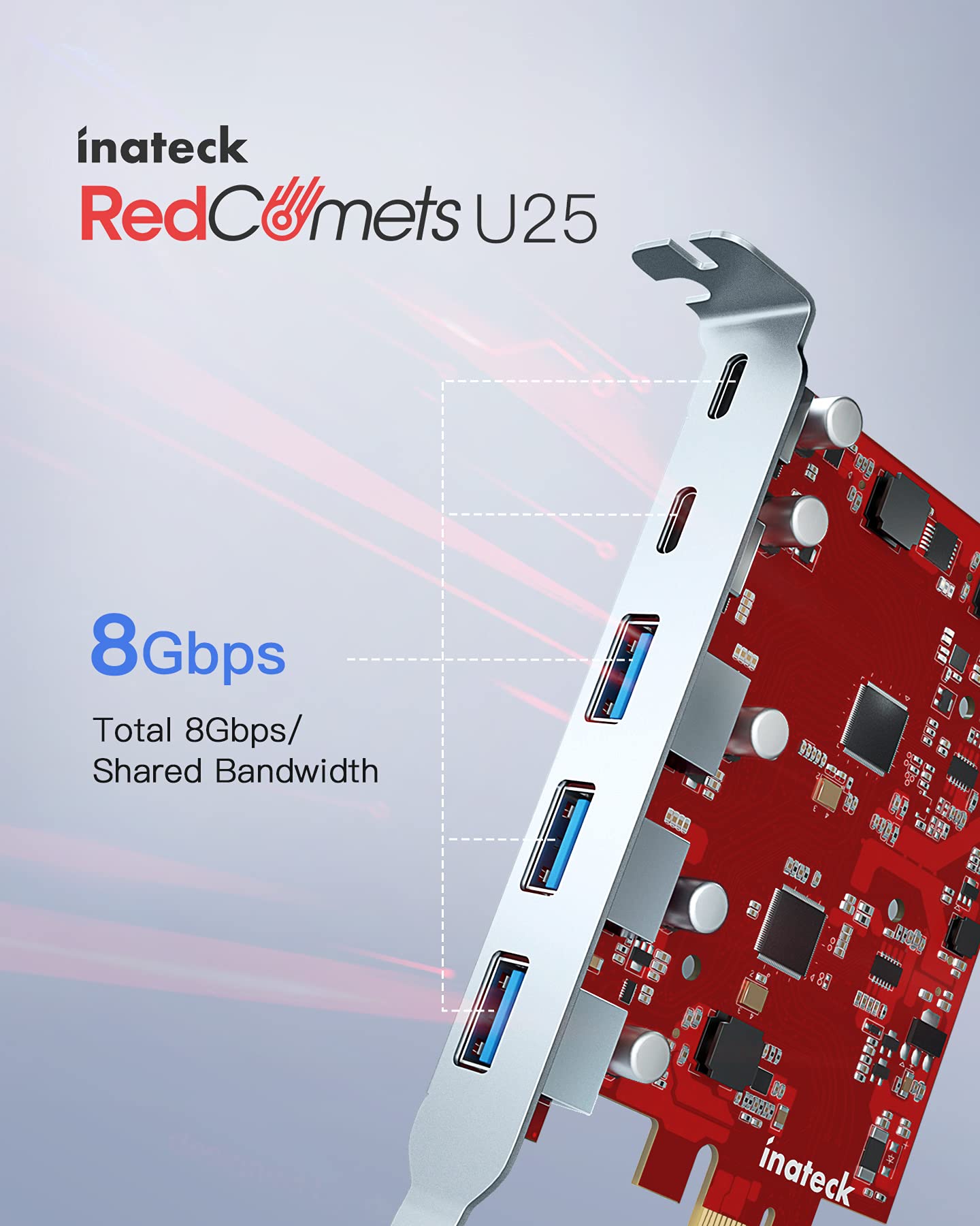 Inateck PCIe to USB 3.2 Gen 2 Extension Card with 5 Ports 8 Gbps Bandwidth,No External Power Source Required, RedComets U25