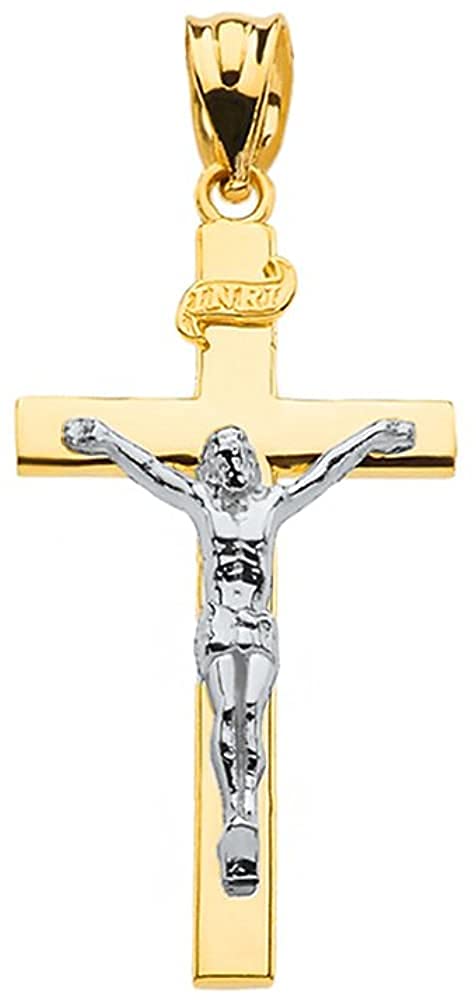 10K Two Tone Yellow & White Gold Catholic Linear Cross INRI Crucifix Pendant Charm - 1.18" (S)