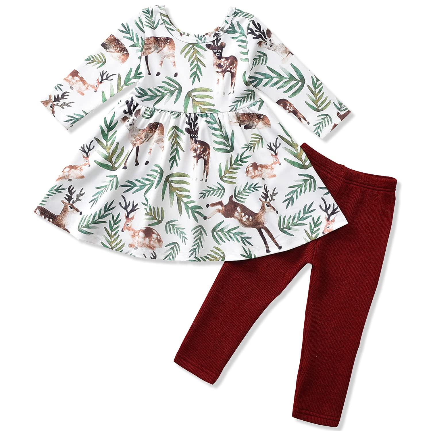Aalizzwell Toddler Little Girls Ruffle Flare Tunic Dress Top Red Leggings Pants Fall Winter Deer Outfit Set Clothes (White, 3T)
