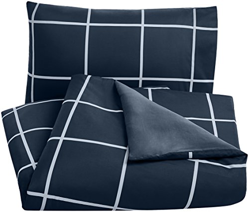 Amazon Basics Microfiber 2 Piece Duvet Cover Set, Navy Simple Plaid, 135 x 200cm/50x80cm x 1