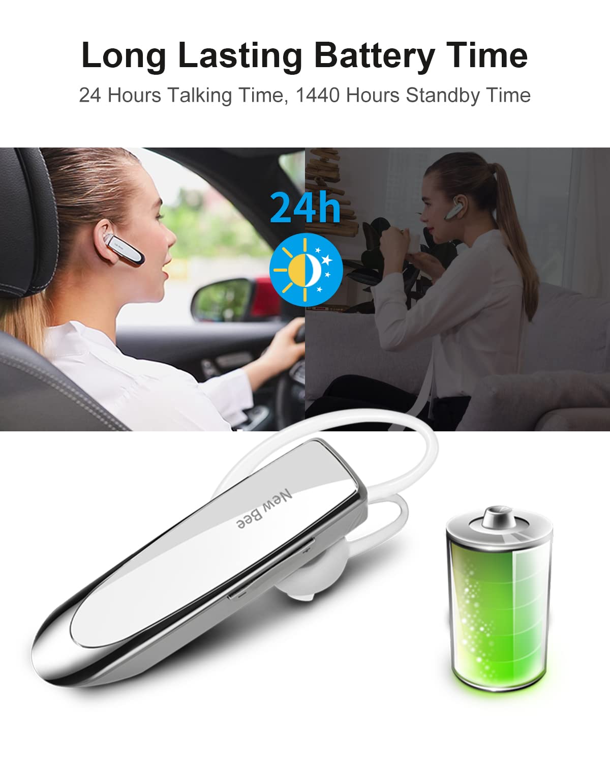 New bee [2 Pack] Bluetooth Earpiece V5.0 Wireless Handsfree Headset 24 Hrs Driving Headset 60 Days Standby Time with Bluetooth Headset for iPhone Android Laptop Truck Driver(White)