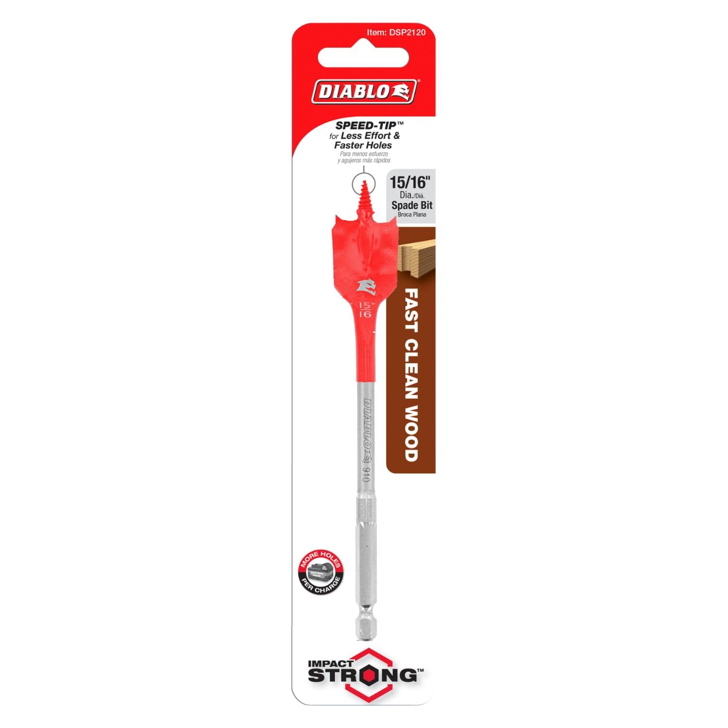 Diablo Spade Bit for Wood - Speed-TIP Design - 15/16" Diameter, 6" Length, 1/4" Hex Shank - DSP2120
