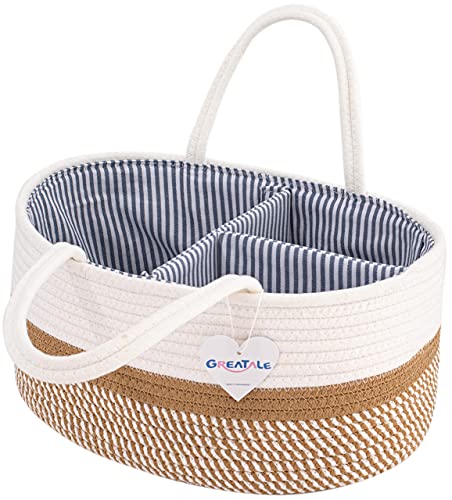 GREATALE Baby Diaper Caddy Organizer - Portable Rope Nursery Storage Bin for Changing Table & Car - Diaper Storage Basket with Removable Divider (Brown)