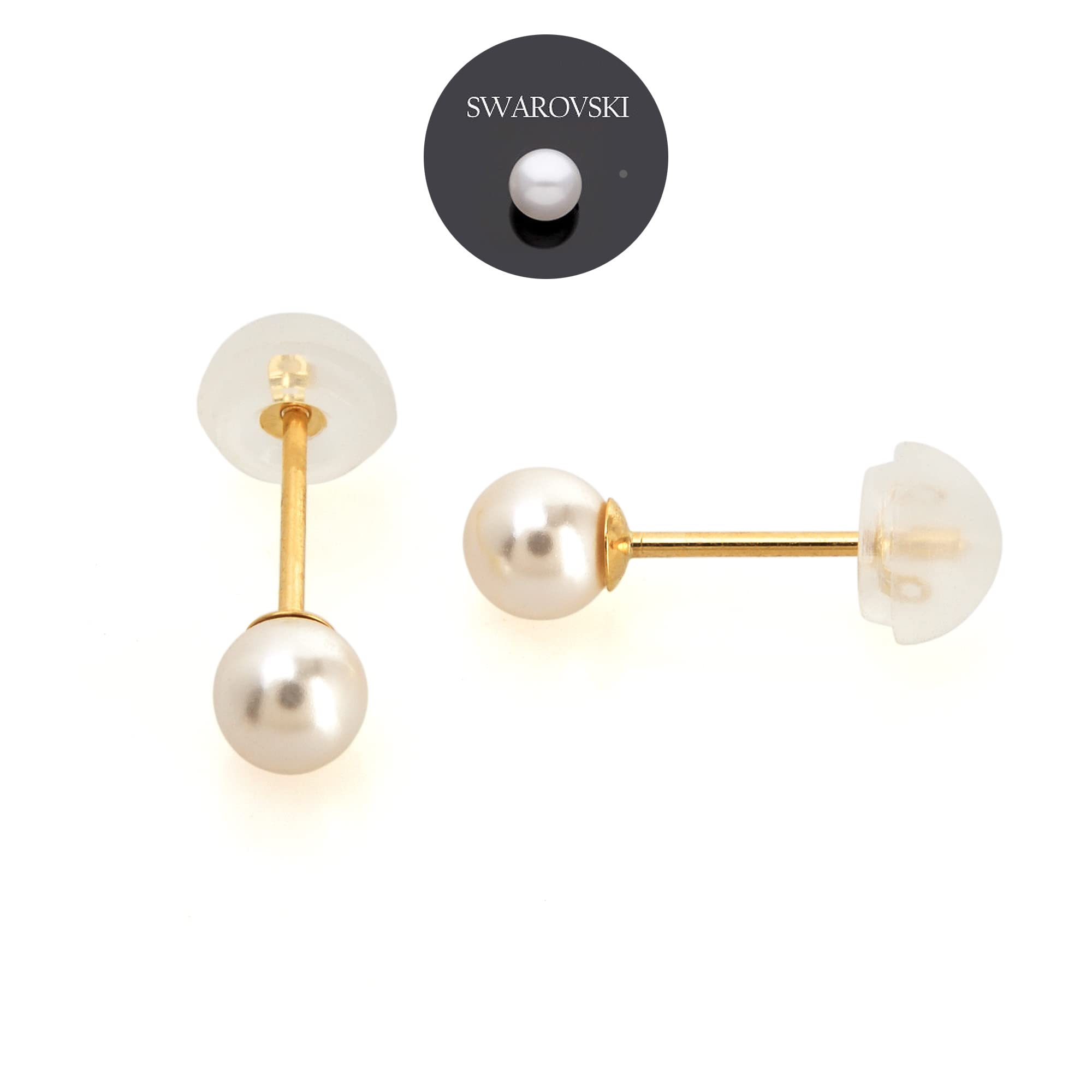 14K Solid Yellow Gold 4mm Small Tiny Swarovski Crystal White Pearl Stud Short Post Earrings for Girl Women