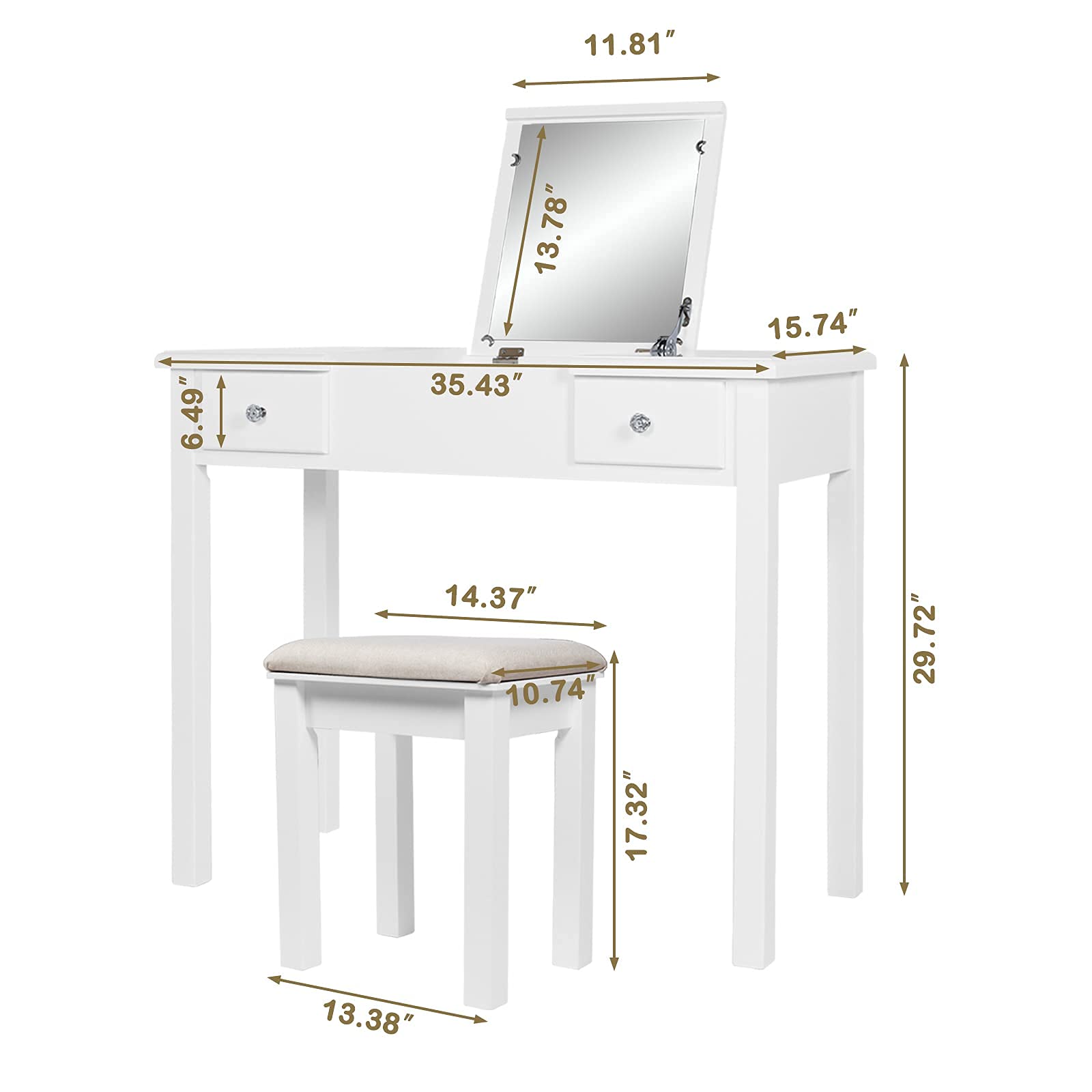 AODAILIHB Vanity Table with Flip Top Mirror Makeup Dressing Table Writing Desk with Cushioning Makeup Stool Set, 2 Drawers 3 Removable Organizers Easy Assembly (White)