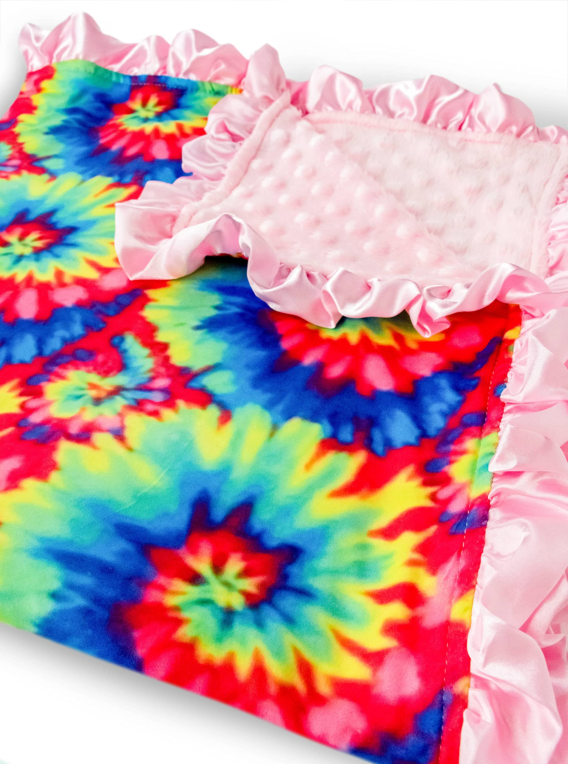 Top Tots Baby Blanket - Tie Dye Pattern with Pink Minky Dot & Satin Ruffle, 31 x 31 Inch Multicolored
