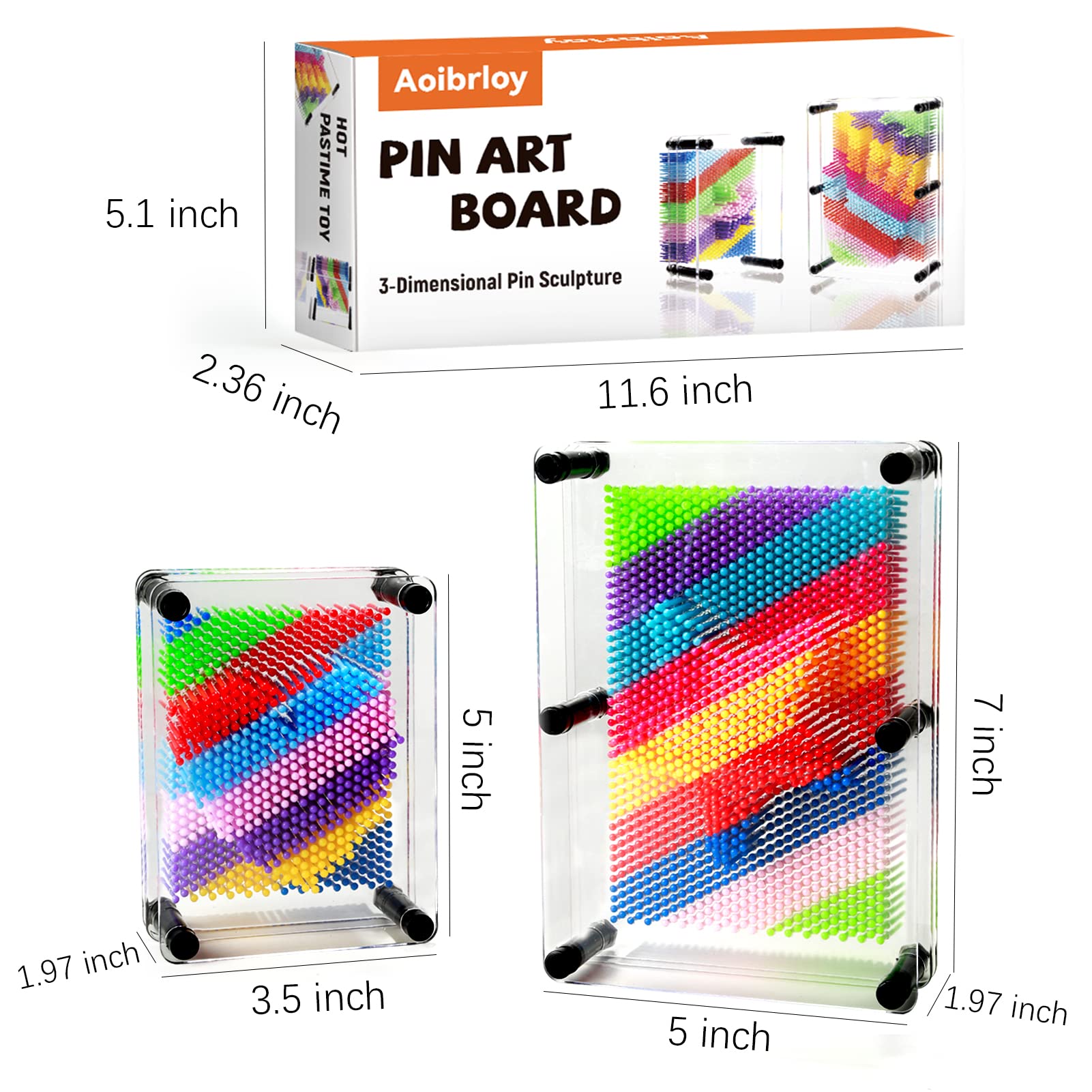 Aoibrloy 2 Pack 3D Pin Art Toy,Rainbow Sensory Pin Art Board Assorted Size Pin Impression Sculpture Needle Toys for Kids or Adults