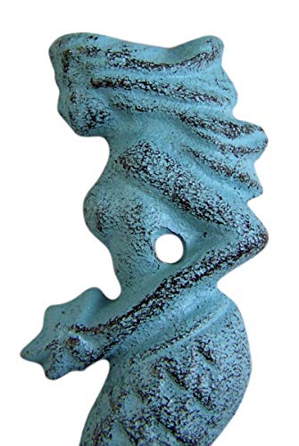 Aqua Blue Cast Iron Mermaid Wall Hook 5 3/4 Inch (Set of 4)