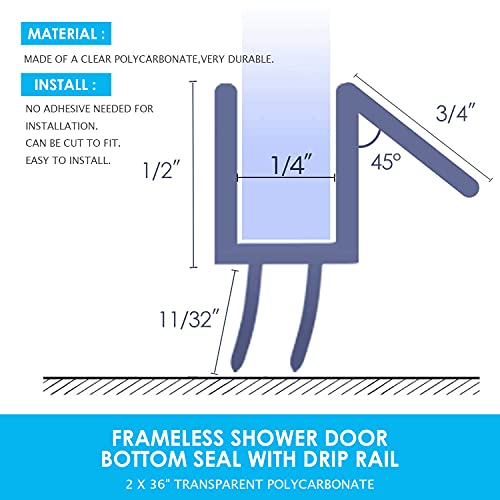 2 X Frameless Shower Door Bottom Seal Sweep Stirp 36 Inch Long for 1/4 Inch Glass