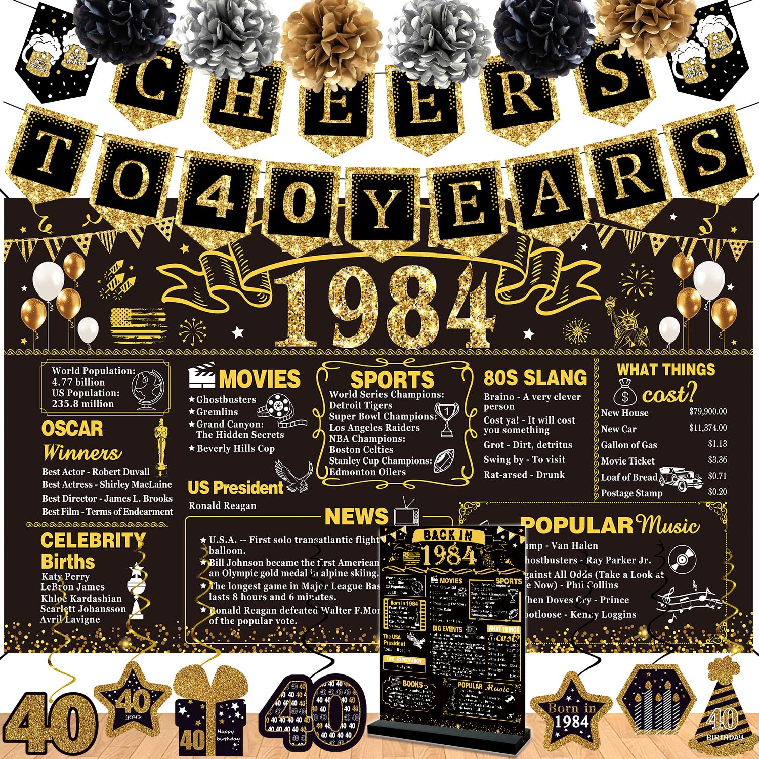 40th Birthday Decorations for Men Women,16PCS Back in 1984 Party Banner Decorations,Including Vintage 1984 Backdrop,Cheers to 40 Years Banner,7 Hanging Swirl,1984 Poster Anniversary Card,6 Paper Poms