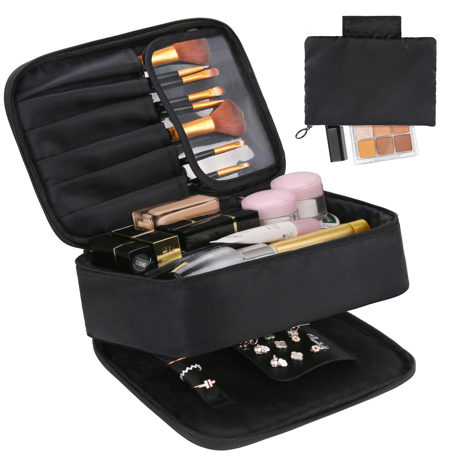 DIMJ Makeup bag and Jewelry Bag for Women, Large Make Up Bag Organizer with Compartments Waterproof Makeup Bag and Jewelry Bag for Women (Black)