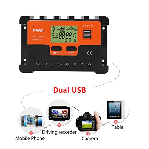 12V/24V PWM Solar Controller - Automatic Identification, LCD Display, 10A Solar Charge Controller with 2 USB 5V Output - 28AWG to 10AWG