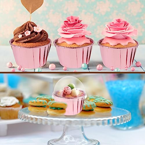 100Pcs Aluminum Foil Cupcake Cups Liner 3.5oz Non-Stick Mini Baking Cups Heat-Resistant Small Muffin Pie Liner with Lids and Spoons Reusable Dessert Cake Container for Home Kitchen (Rose Gold)