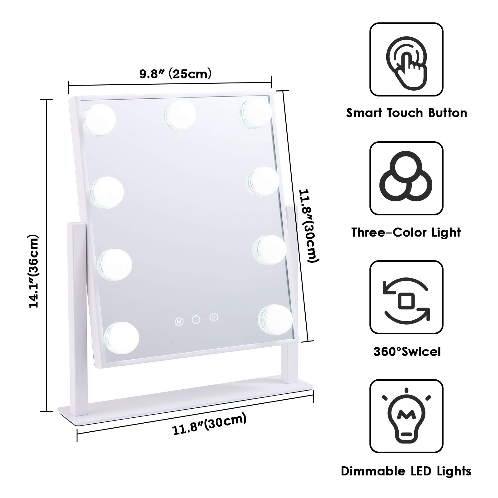 BWLLNI Lighted Makeup Mirror Hollywood Mirror Vanity Mirror with Lights, Touch Control Design 3 Colors Dimable LED Bulbs, Detachable 10X Magnification, 360°Rotation, (White) 12" L x 14" W