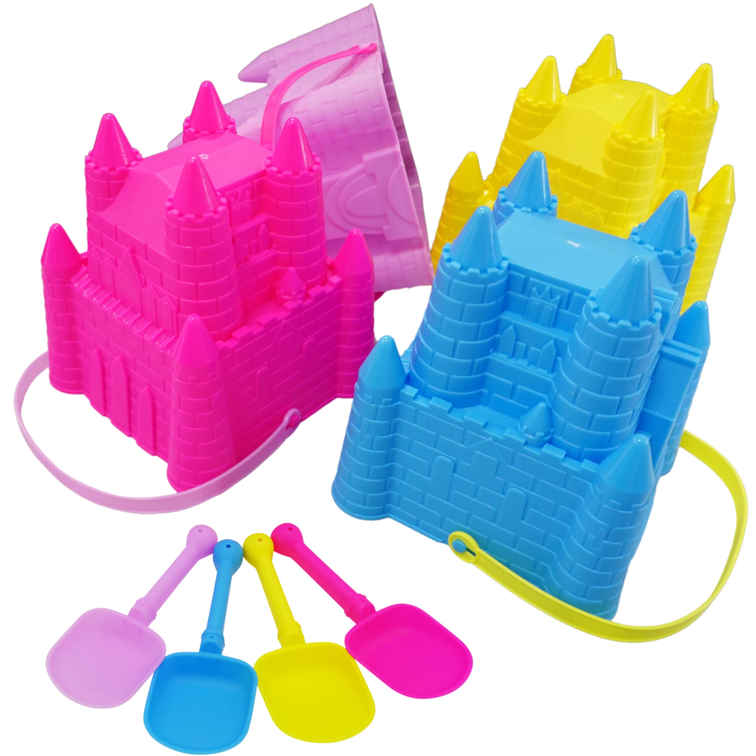 4E's Novelty (4 Sets) Castle Beach Buckets and Shovels, Large Size 7" - Sand Castle Building Kit, Sandcastle Molds Beach Toys for Kids 3-10, Outdoor Sand Toys for Toddlers