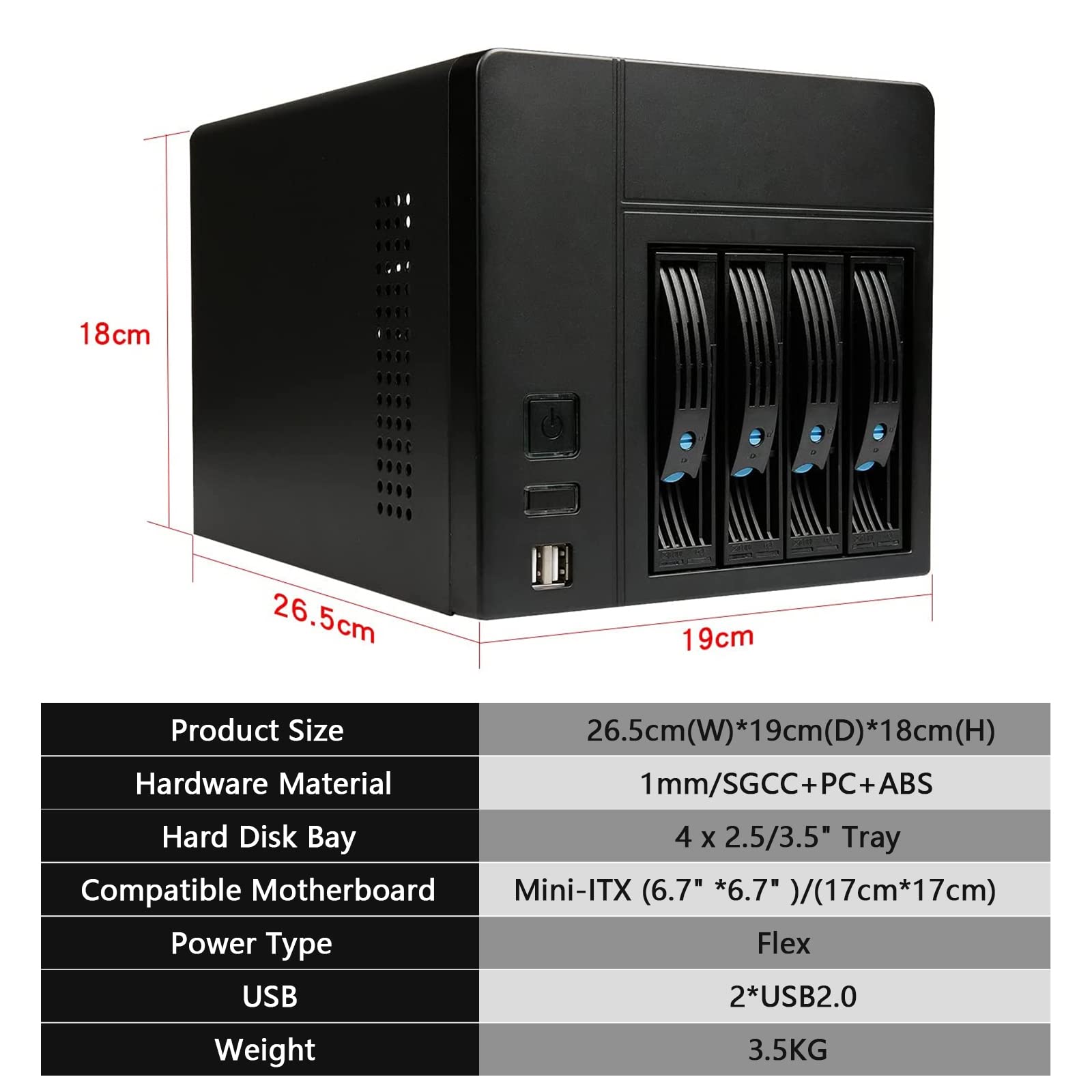 NAS Case 4-Bay K3 Chassis, AUDHEID New Network Storage Server, Compatible Flex PSU Mini-ITX, 4 x 2.5/3.5" Tray, Network Attached Storage Enclosure with 2 Front USB Ports and 1x12cm Chassis Fan