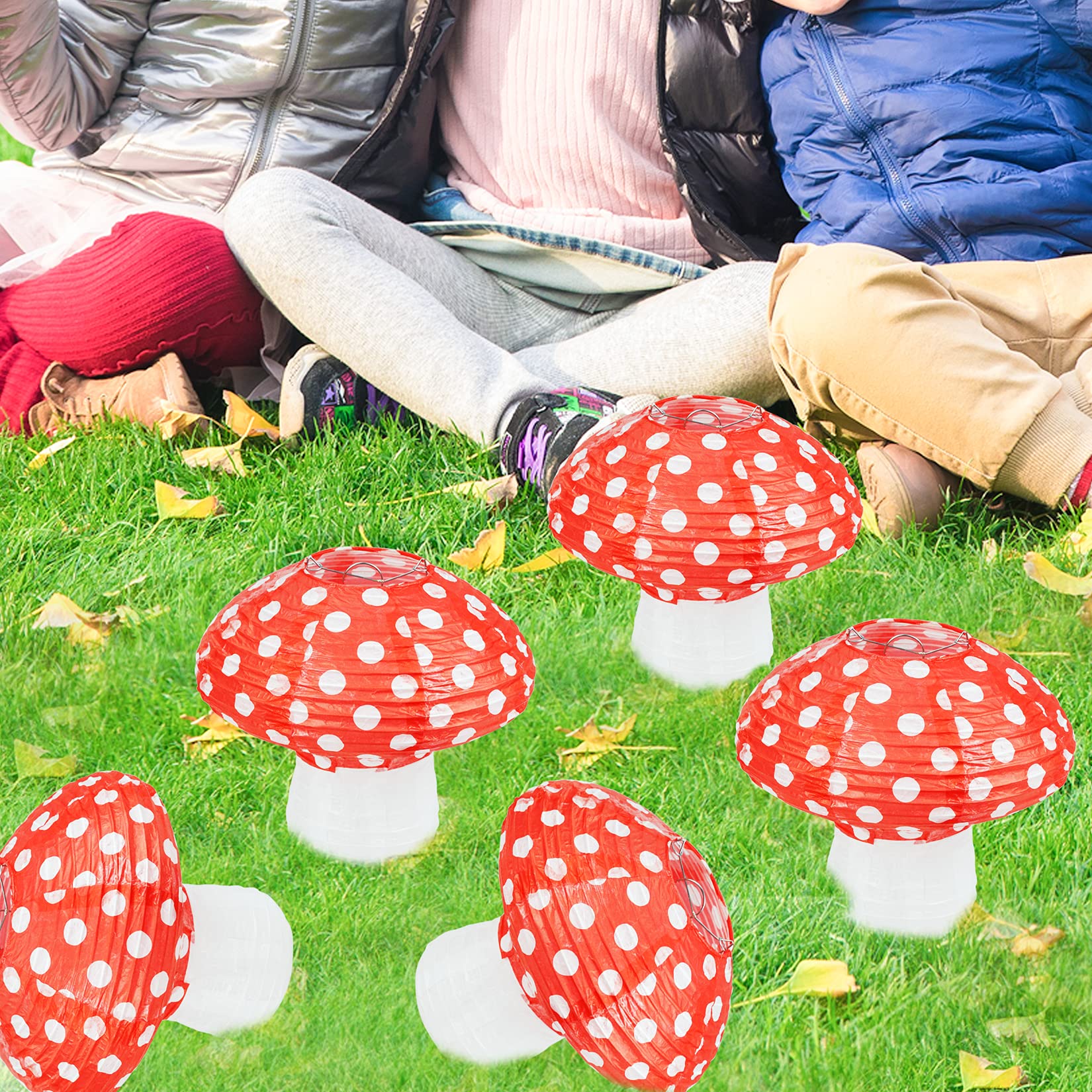 3pcs Mushroom Shaped Paper Lanterns 3D Foldable Hanging Lanterns Halloween Ornament Backdrop for Jungle Wonderland Theme Birthday Wedding Party Fairy Baby Shower Garden Decor (Red, 7.9 inch)