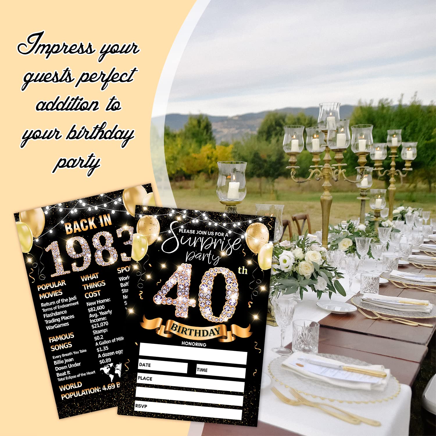 40th Birthday Party Invitation Card - Black Gold Invites with Back In 1983 Poster Printing On The Back Double-Sided Fill-in Invites - 20 Cards with Envelopes for Party Favors - sr-13