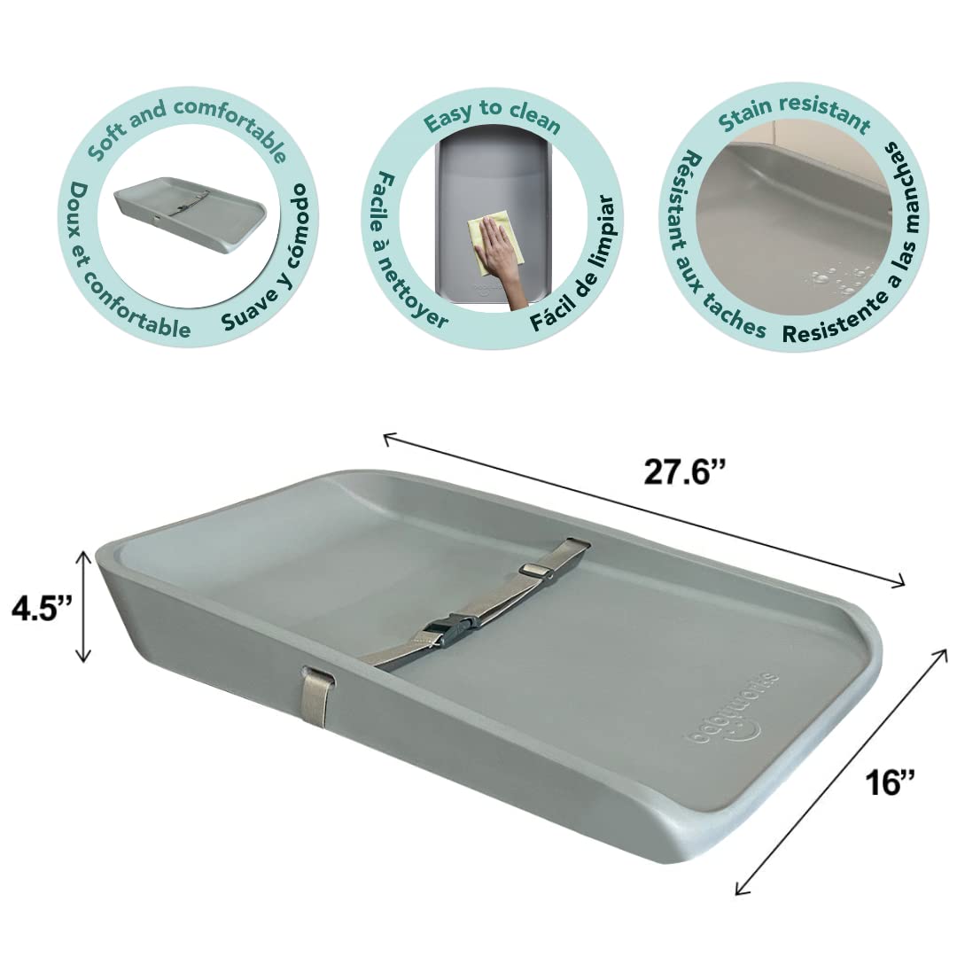 Baby Works - Deluxe Foam Baby Diaper Changing Pad, Easy to Clean, Soft and Comfortable, Safety Strap - Gray, 27.6 x 16.9 Inches