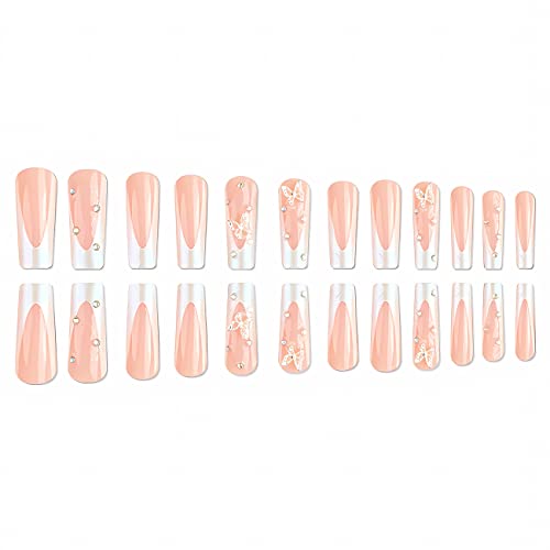 24pcs Long Square Fake Nails French Tip Press on Nails 3D Metal Butterfly Glue on Nails Glossy Rhinestone Acrylic Nails Pink White False Nails Long for Women Manicure Decorations