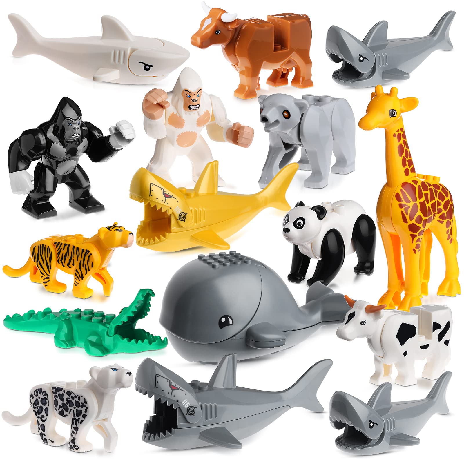 Aoriher 16 Pcs Zoo Animals Building Blocks Jungle Model Figures Set with Orangutan Panda Shark Giraffe Panda Building Bricks for Adults City Animal Building Bricks Figures Compatible with Major Block