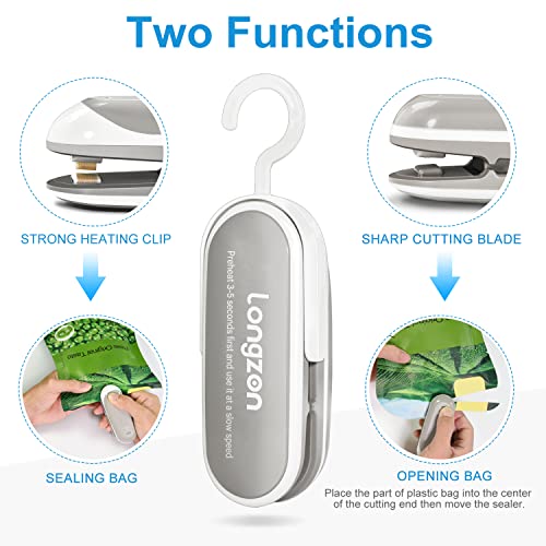 2-in-1 Bag Sealer, longzon Mini Handheld Vacuum Portable Sealer with Hook, Chip Snack Plastic Bag Heat Sealer and Cutter, Resealer Machine Keep Food Fresh, Quenta Sellador De Bolsas,Powerful Batteries