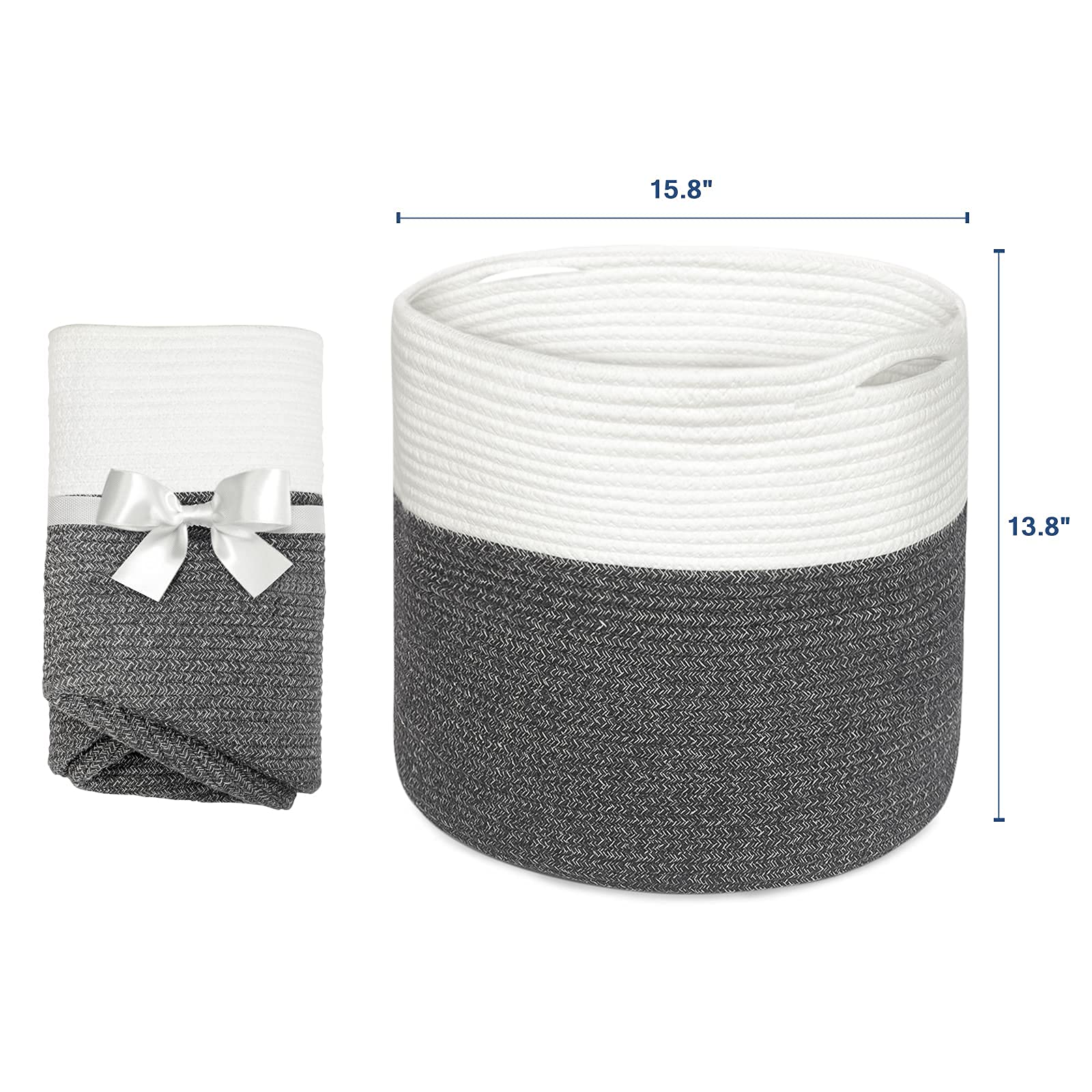 Rope Storage Basket with Handles Large, Cotton Woven Blanket Basket Nursery Hamper Bin, 16" x 16" x 14" Organizer for Toys, Laundry, Books and Baby Blankets
