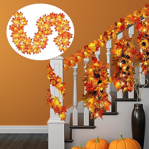 3 Pack Thanksgiving Decorations Lighted Fall Garland, 30 Ft 60 LED Battery Operated Maple Leaves String Lights for Indoor Outdoor Autumn Harvest Party Halloween Thanksgiving Decoration