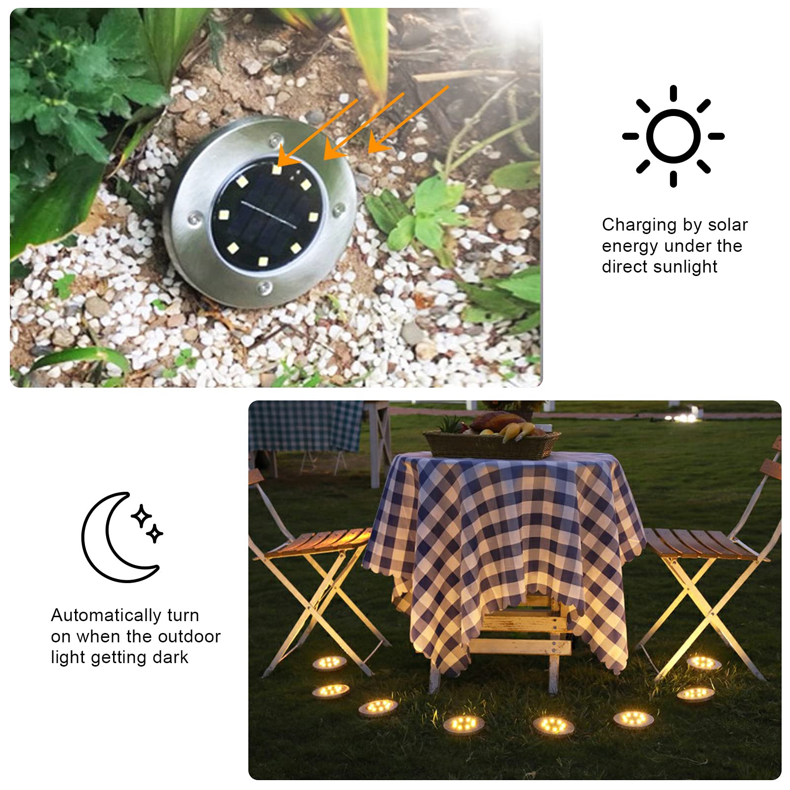 ABCCANOPY Solar Ground Lights 8 Pack, Waterproof Outdoor Solar Garden Lights, Landscape Lights for Pathway,Yard,Deck,Lawn,Patio,Walkway (Warm Light)