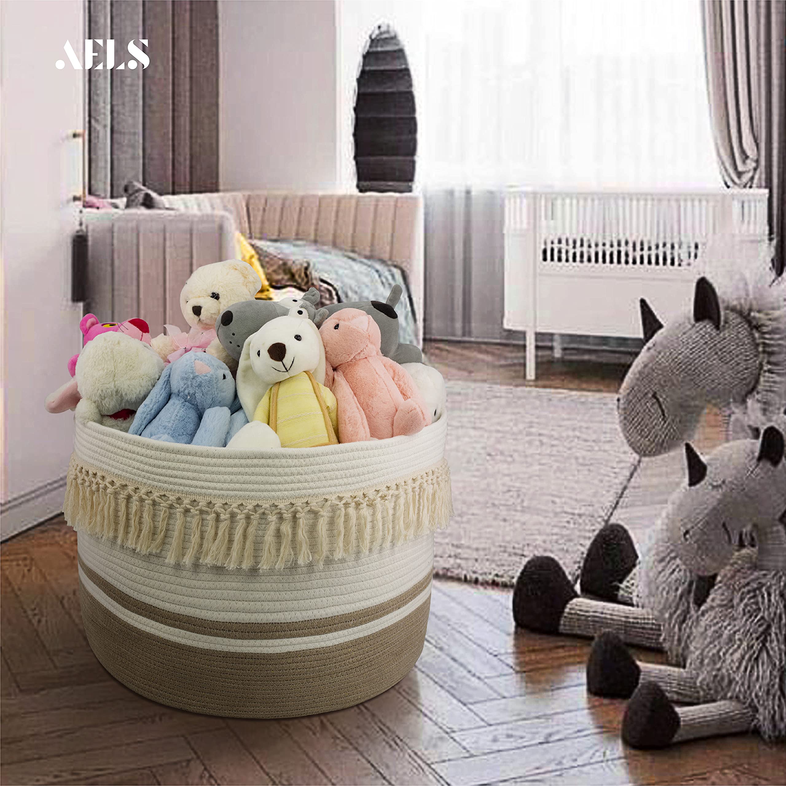 AELS XXXLarge 22"22"x15" Rope Boho Decor Basket Woven Bathroom Basket for Blankets Storage Basket Bathroom with Handle Comforter Cushions Storage Bins Thread Laundry Hamper-Brown and White