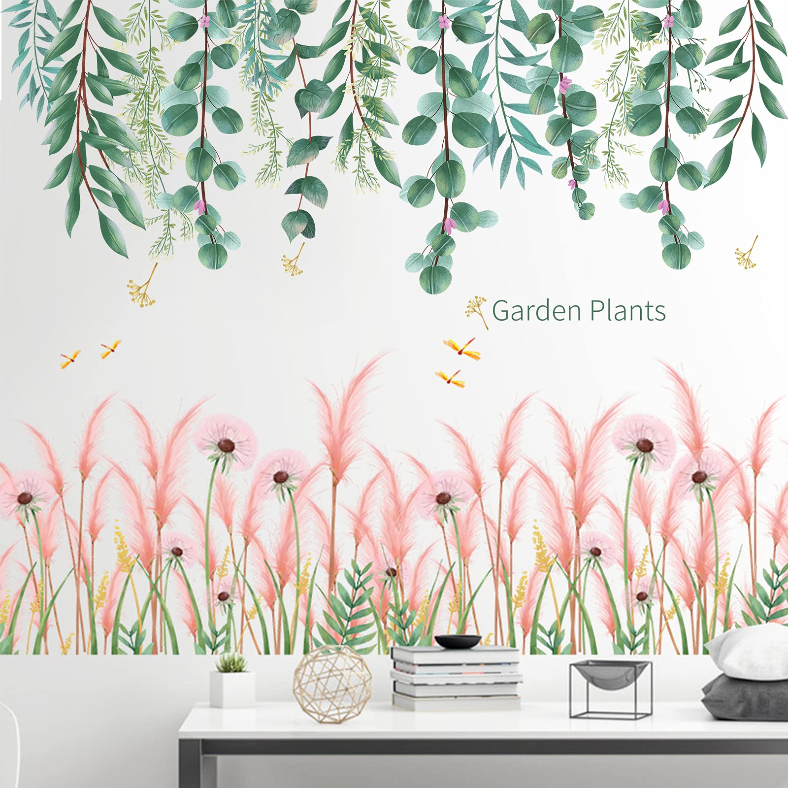 3Pcs Tropical Plants Flowers Vine Wall Corner Stickers, Removable Green Plants Fresh Leaves Flower Wallpaper Decals, Garden DIY Art Mural for Nursery Bedroom Kitchen Offices Home Decorations (B)