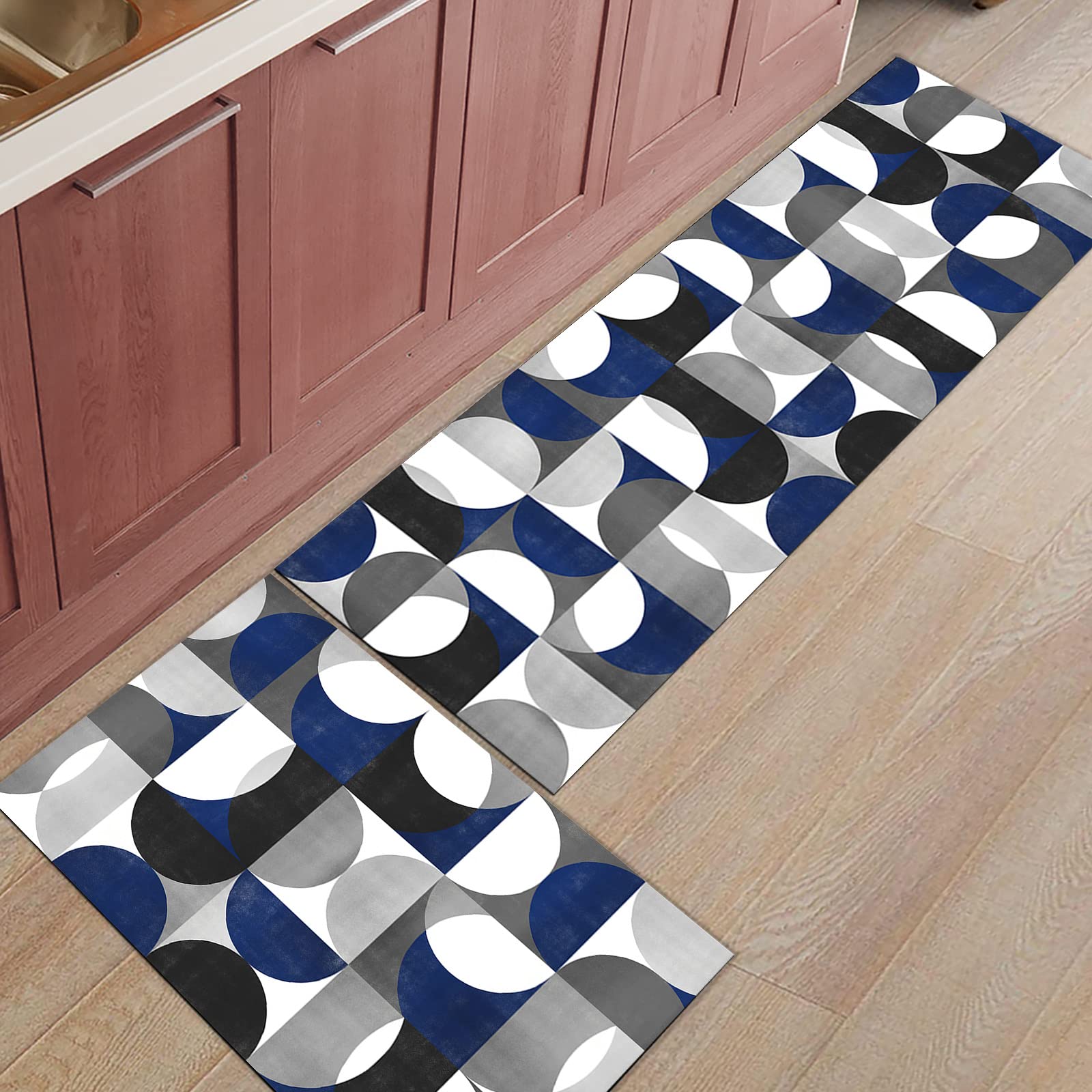 2 PCS Mid Century Kitchen Mat Cushioned Kitchen Rugs Non-Skid Floor Mats and Rugs Comfort Standing Mat for Kitchen, Floor, Office, Sink, Laundry, Blue Grey Geometric Circle Vintage Art Pattern