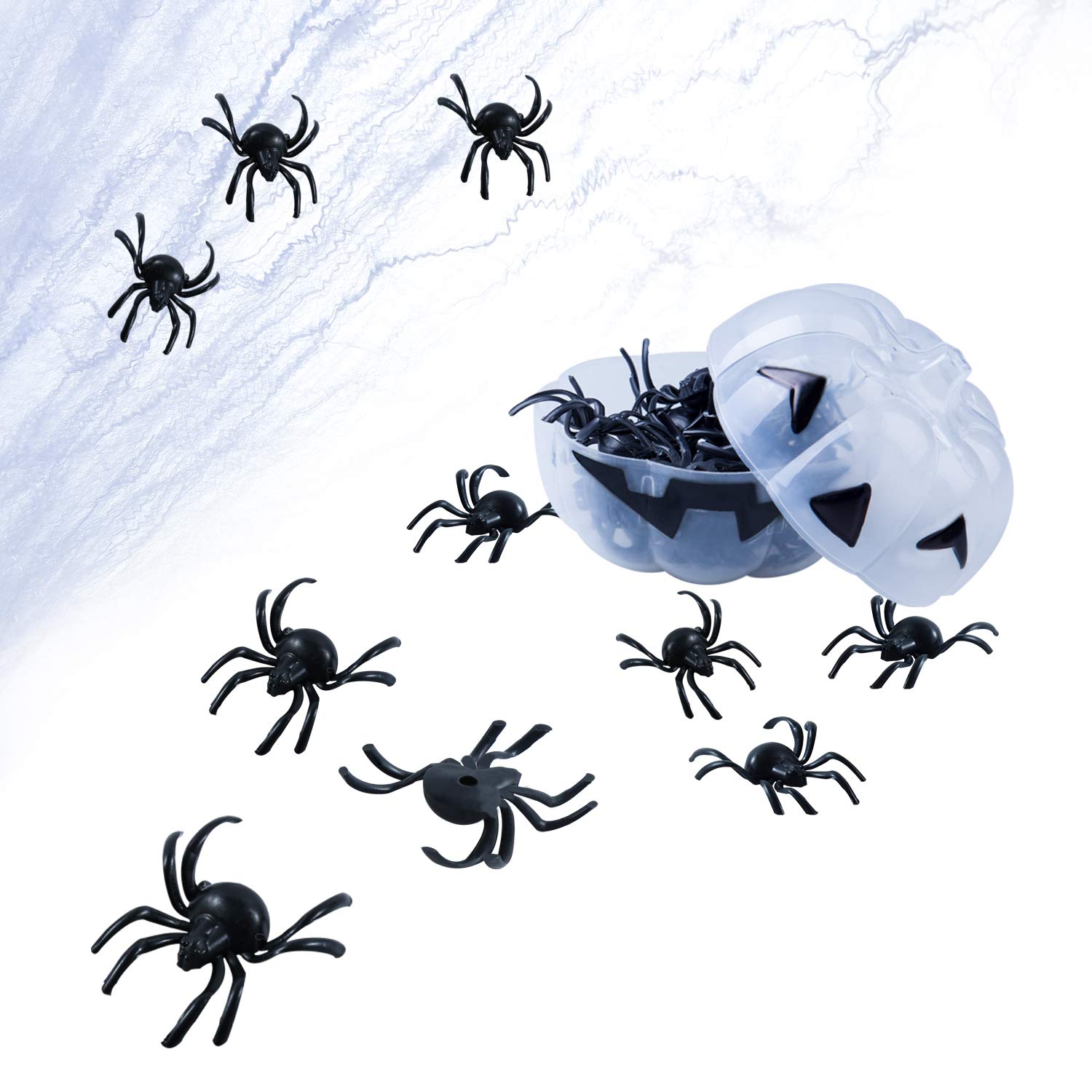 YUNGCHI 60 Halloween Plastic Spiders, Halloween Fake Spiders, Nightmare Before Christmas Halloween Decorations, Pumpkin Box,Set of 60