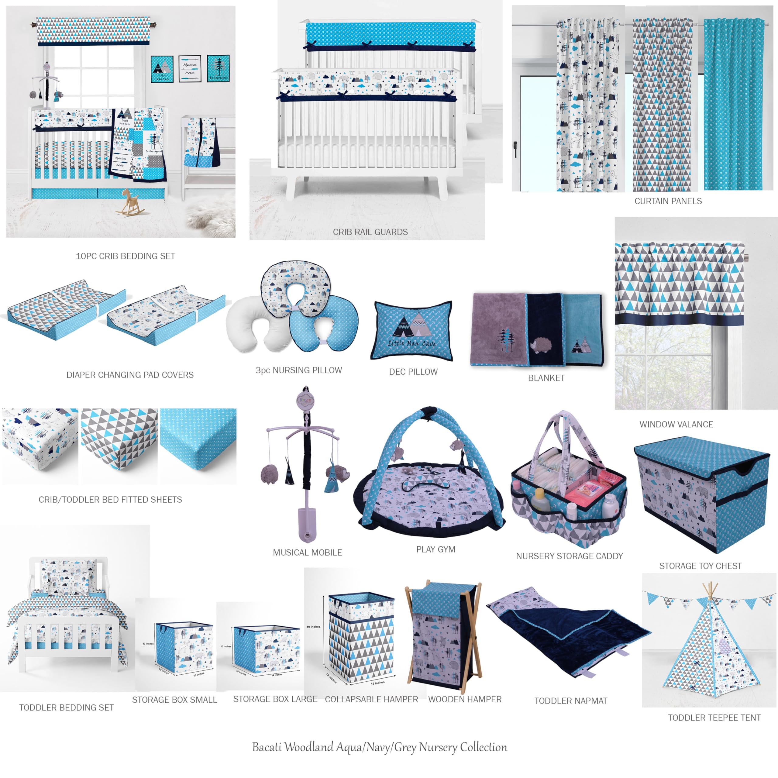 Bacati - 2 Pack Woodlands Bears Bison Owls Printed Boys 100% Cotton Universal Baby US Standard Crib or Toddler Bed Fitted Sheets (Aqua/Navy/Grey)