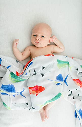 Florida Kid Co. Fish Baby Swaddle Blanket - 70% Viscose from Bamboo/ 30% Cotton Muslin - Silky Soft, Breathable, Lightweight, Large - 47 in. x 47 in.