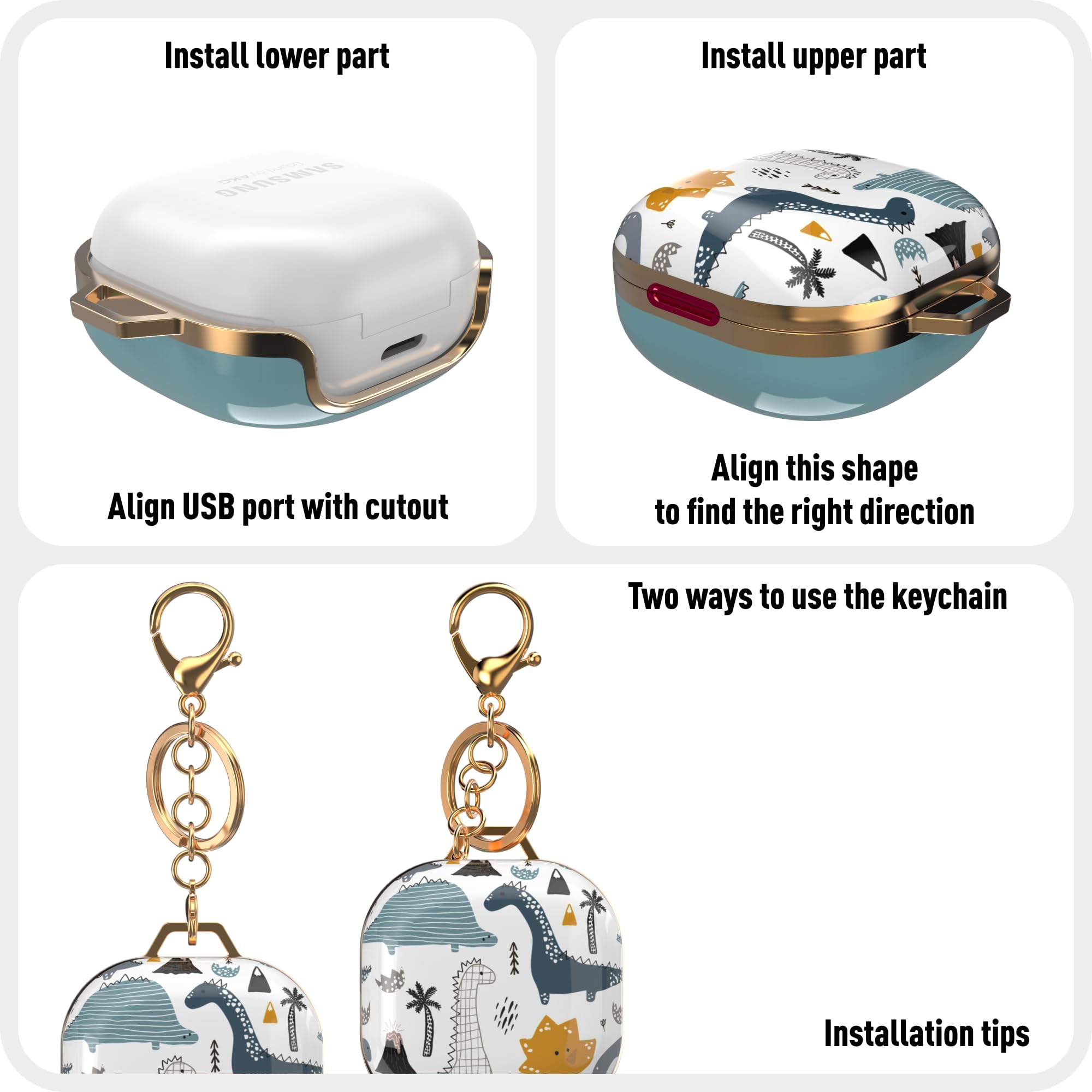 wenew case for Galaxy Buds FE/Galaxy Buds 2 Pro/Galaxy Buds Pro/Galaxy Buds 2/ Galaxy Buds Live, Cute Patterned Hard Shell with Clip for Women Men (Cute Dino)