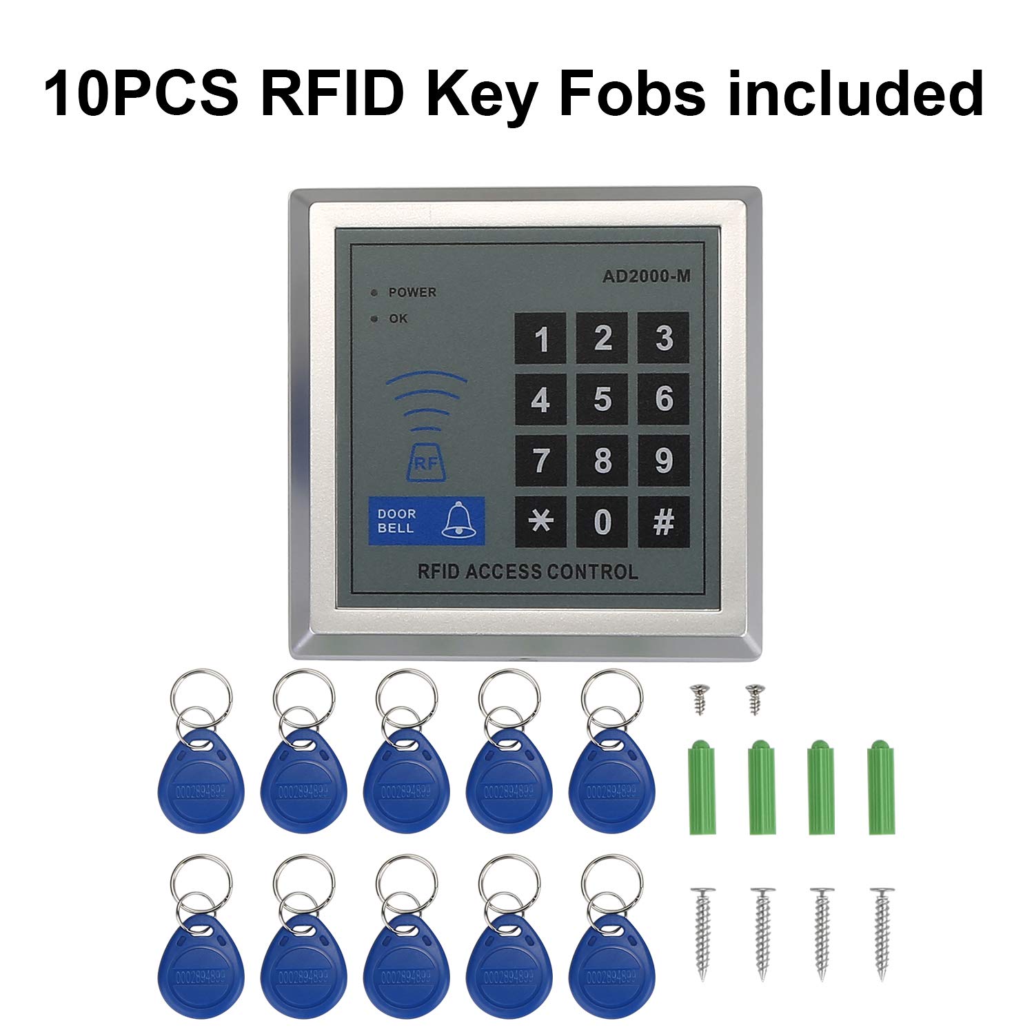 IMAGE Proximity RFID Card Access Control System Kit with 180kg 350LB Electric Magnetic lock 110-240V AC to 12v DC 3A 36w Power Supply Proximity Door Entry Keypad 10 Key Fobs EXIT Button