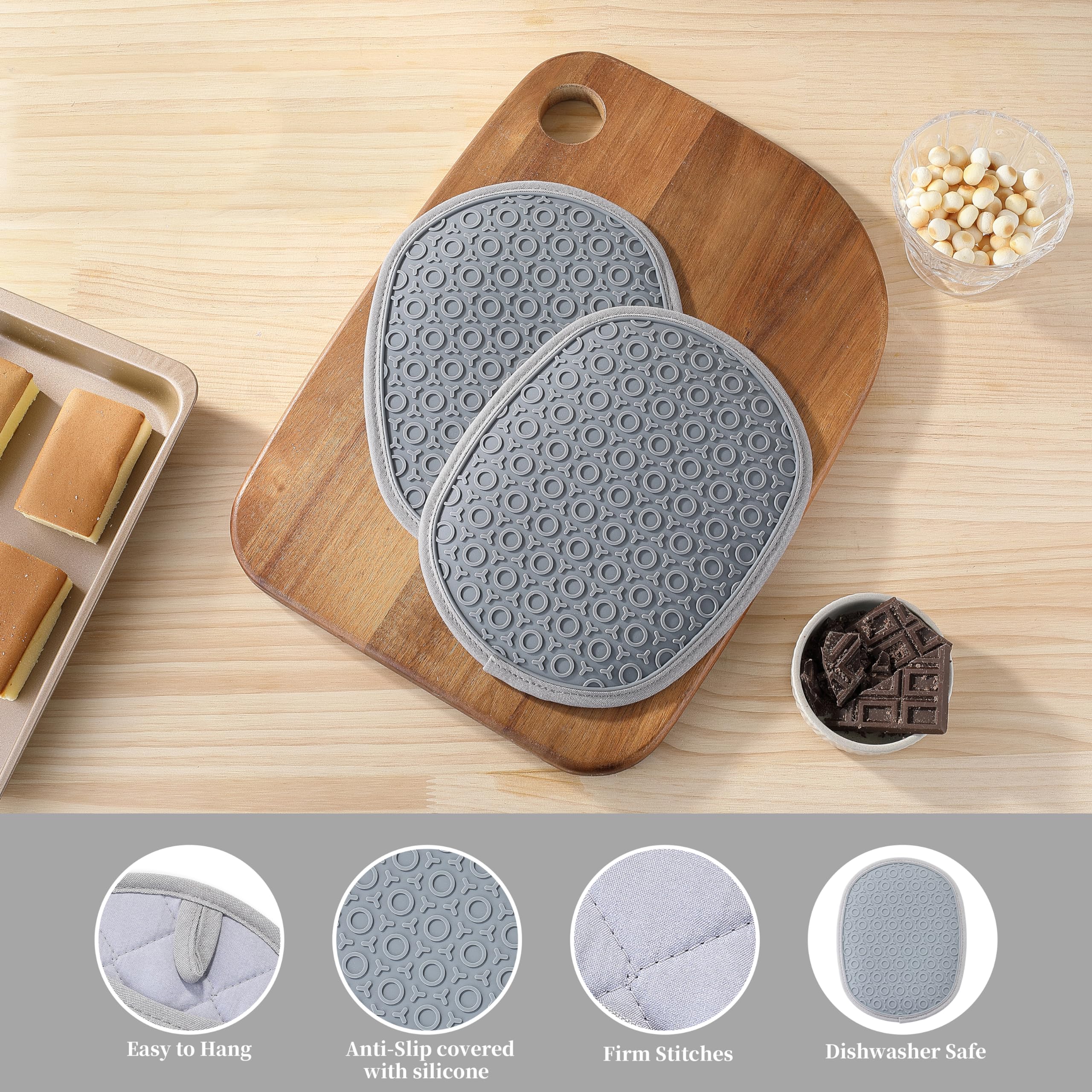 2PCS Silicone Pot Holders, OLULU Heat Resistant Hot Pads with Pockets, Non Slip Pot Holders for Kitchen, Baking and Cooking (9.8 * 7.5 inches, Grey)