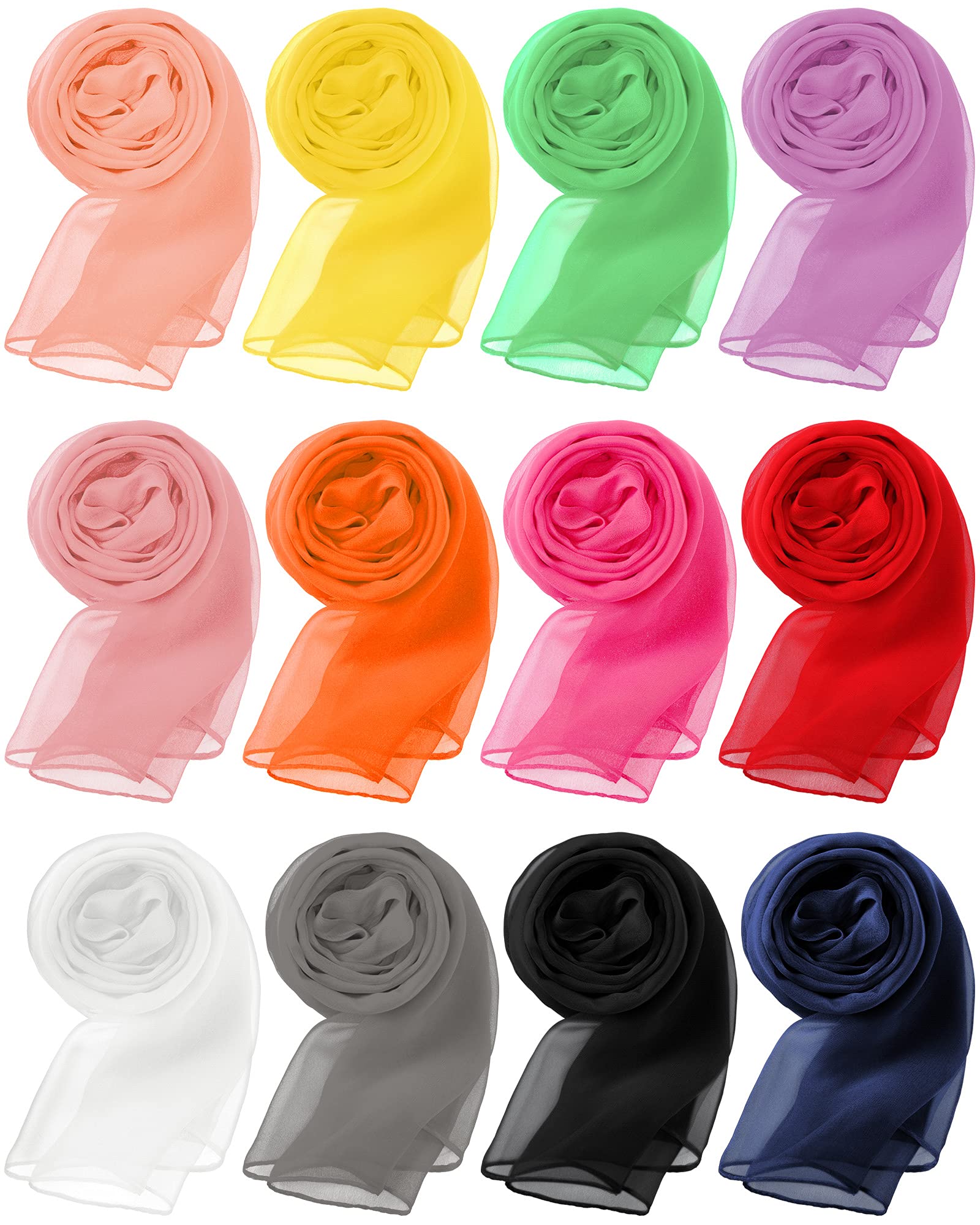 12 Pieces Women Solid Color Chiffon Scarf Fashion Sheer Scarf Soft Breathable Sun-proof Silk Blend Lightweight Accent Scarfs, 20 x 63 Inch Multicoloured