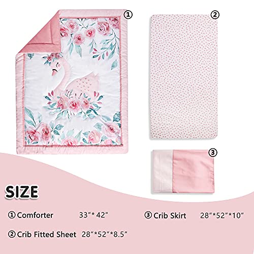 Honkaii Swan Crib Bedding Set for Girls 3pcs, Crib Sheet, Crib Skirt, Crib Quilt Included, Pink Crib Sets