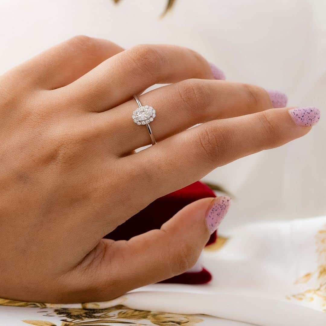10K White Gold Oval Moissanite and Round Natural Diamond Solitaire Halo Delicate Engagement Ring Size 5US (5/8 CTW, I-J, SI)