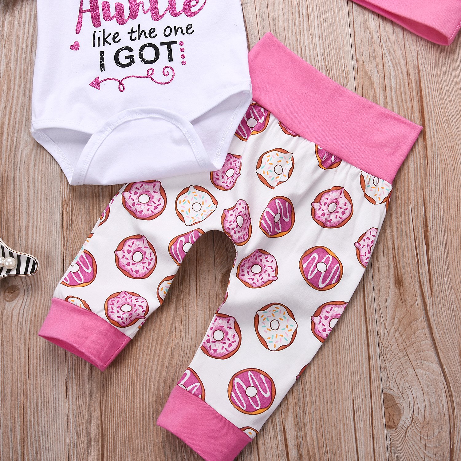 3Pcs/Set Newborn Baby Girls Outfit Auntie Bodysuit Romper with Headband+Donuts Long Pants Clothes Set (Pink, 0-6M)