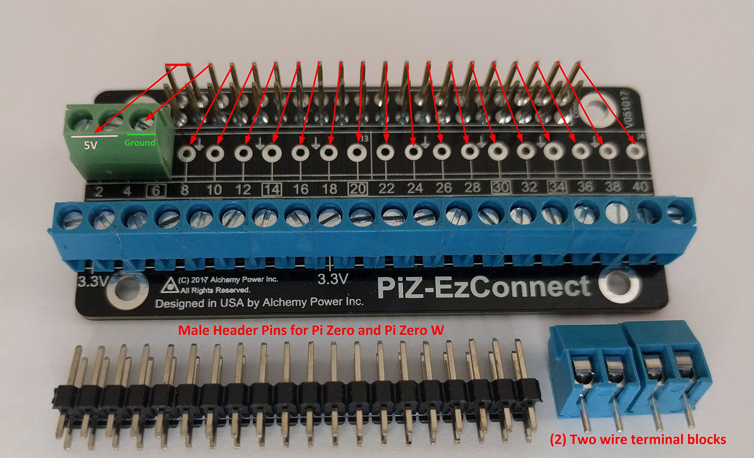Alchemy Power Inc. Pi-Zero-EzConnect. Pi-Zero size GPIO connector. A HAT to connect GPIOs and sensors to Raspberry Pi Zero, Pi Zero W, Pi-3, or Pi-2.