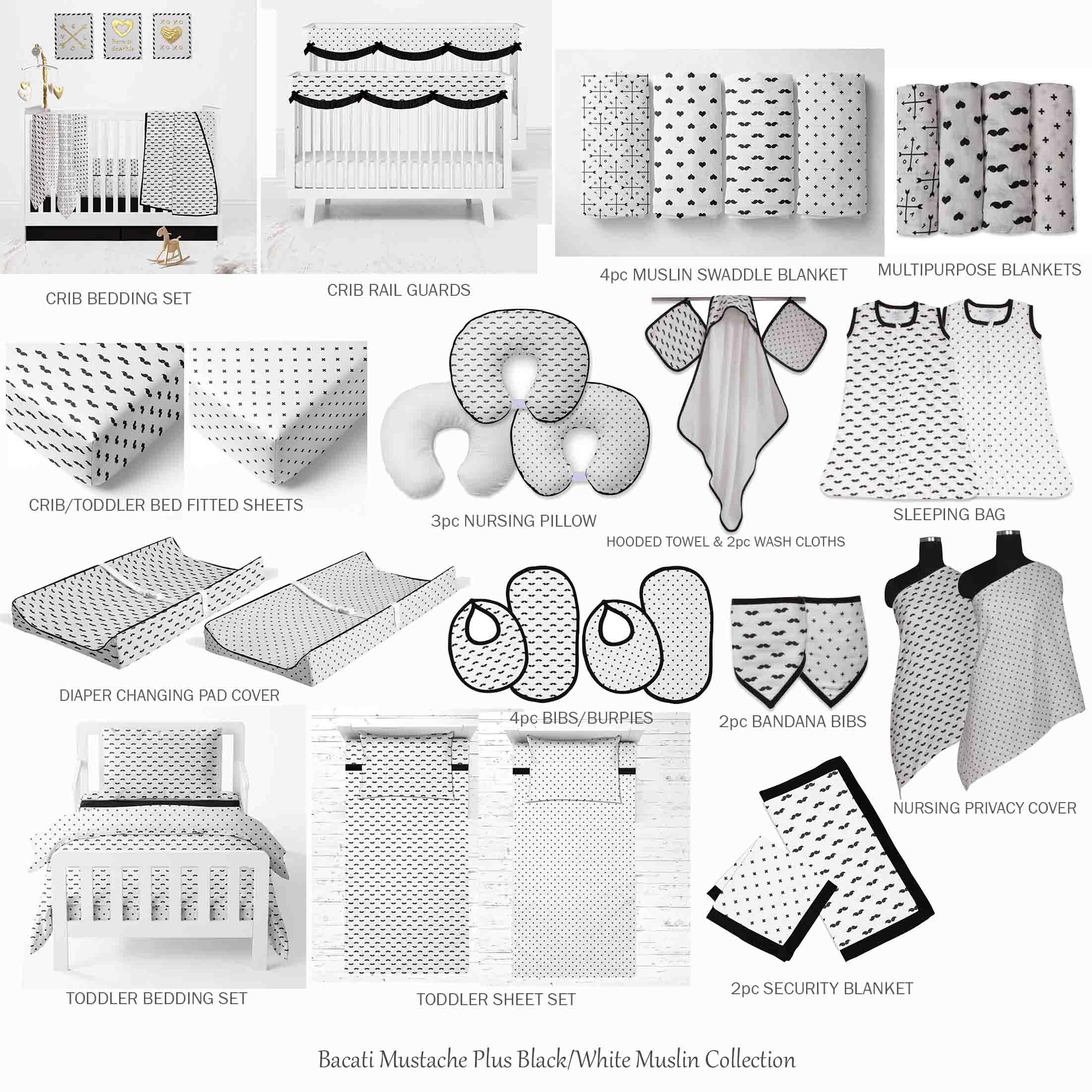 Bacati - 2 Pack Love/Aztec/Arrows/Hearts Silky Soft Breathable 100% Cotton Muslin Baby Crib Fitted Sheets - Fits Standard 28 x 52 x 5 Crib & Toddler Mattresses (Mustache, Black)